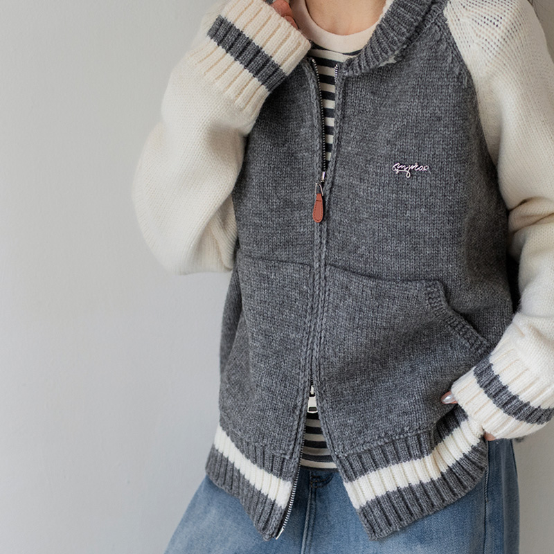 시크폭스 - 숄 배색 나그랑 울 니트 집업_54CA1331