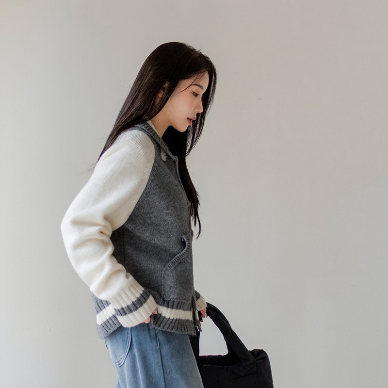 시크폭스 - 숄 배색 나그랑 울 니트 집업_54CA1331